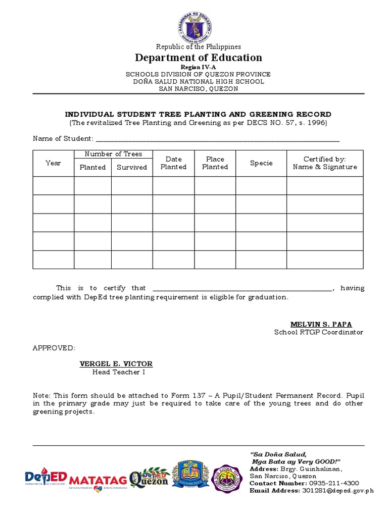 Individual Student Tree Planting and Greening Record | PDF