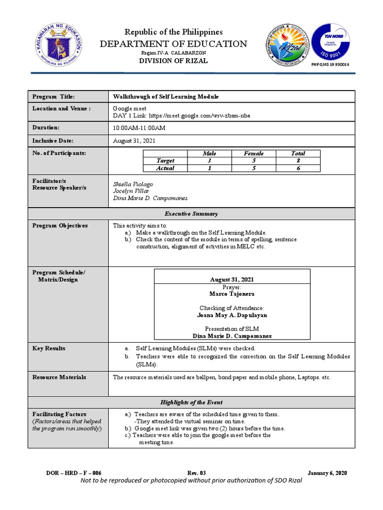 Walkthrough Acr 1ST Quarter G10 | PDF