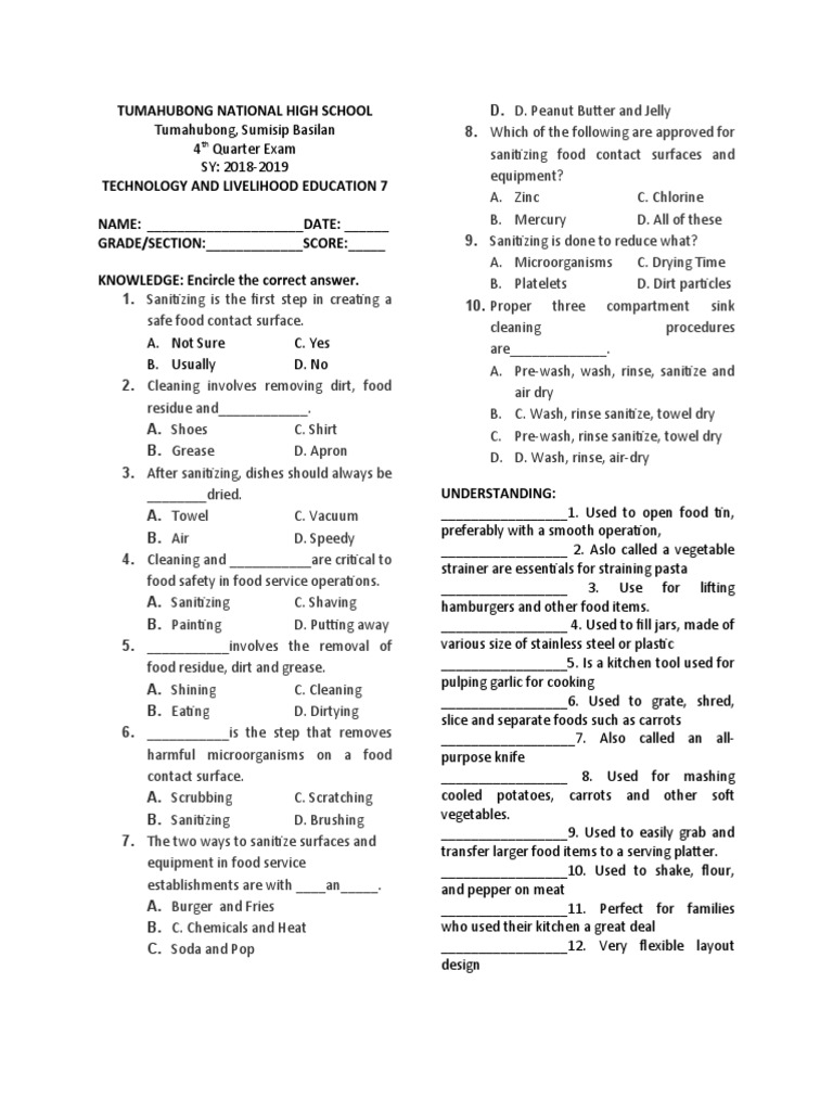 Final Exam Grade 7 Sy 2018-2019 | PDF | Kitchen | Grilling