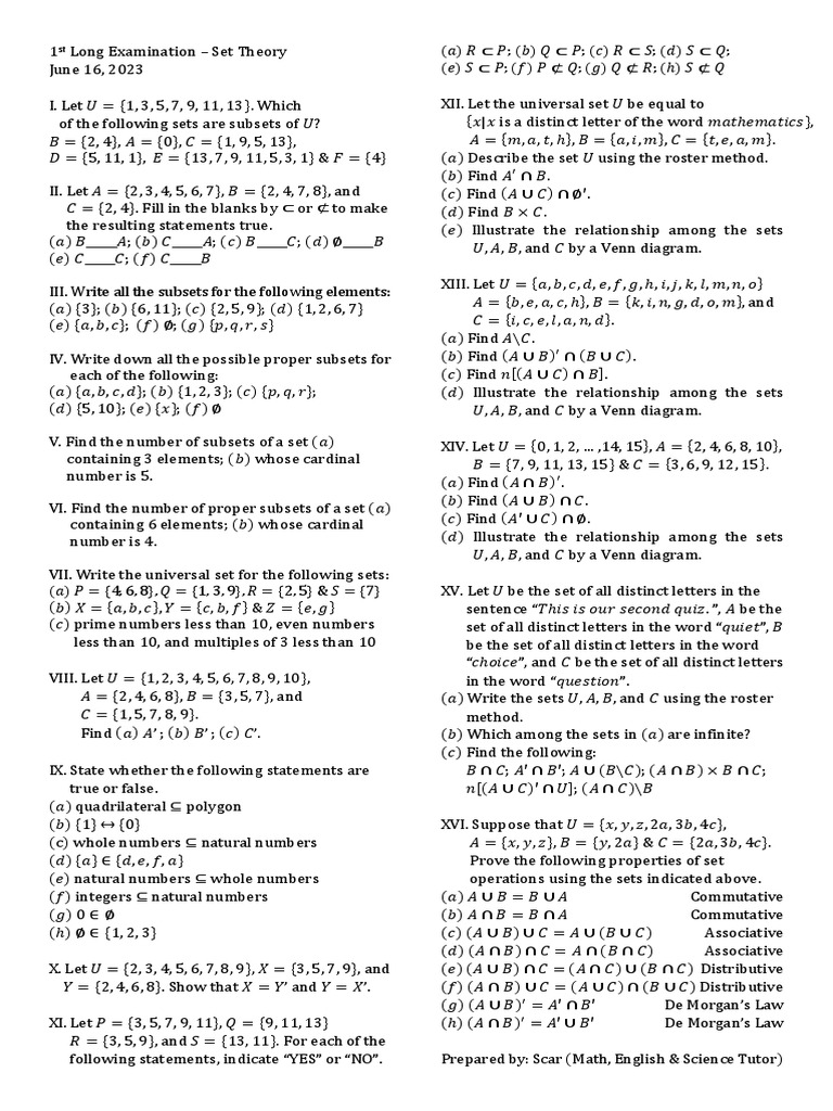 Set Theory 1ST Long Exam | PDF | Set (Mathematics) | Integer