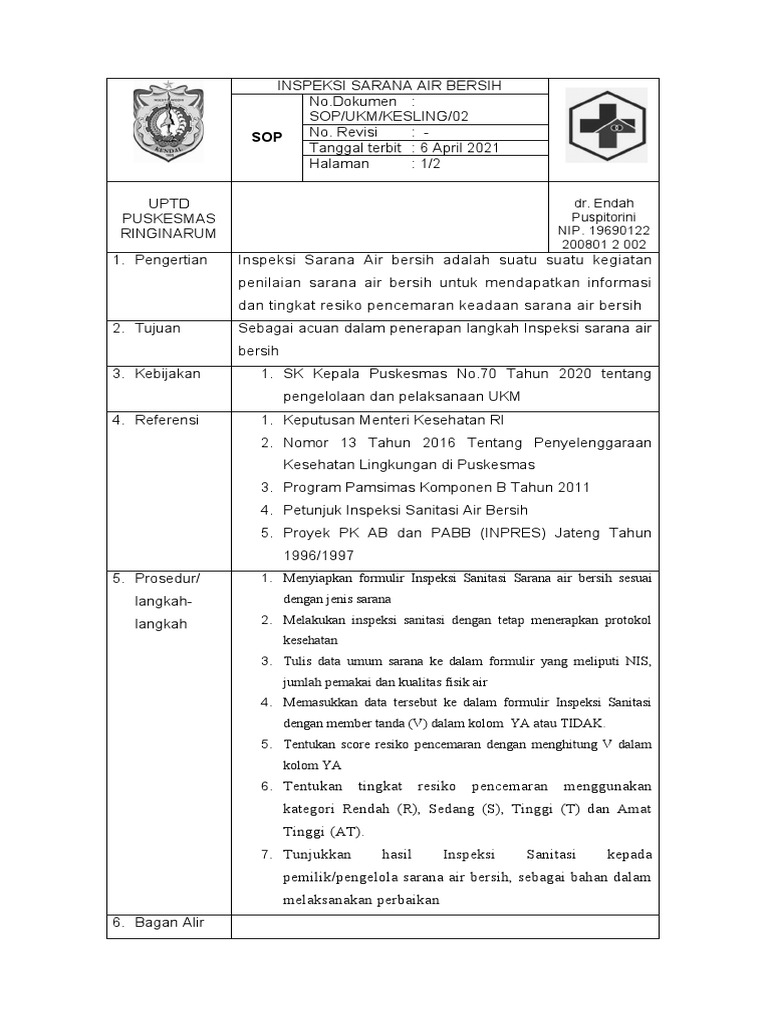 SOP 02 Inspeksi Sarana Air Bersih | PDF