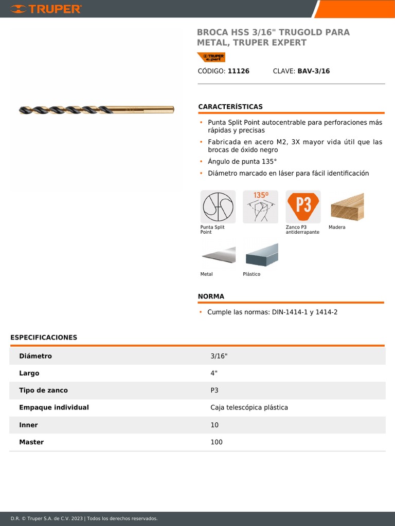Ficha Tecnica Broca para Metal HSS Truper 11126 | PDF