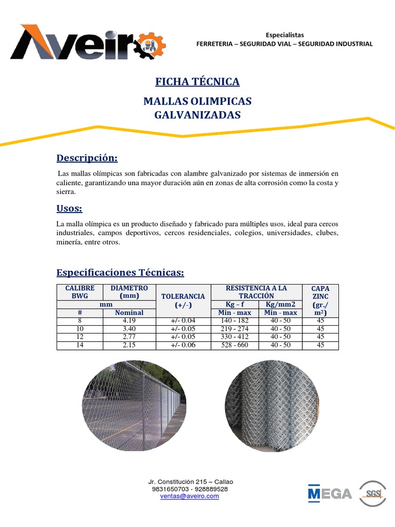 Ficha Técnica de Mallas Olímpicas Galvanizadas | PDF