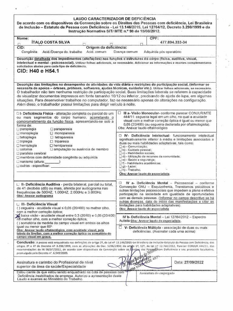 Laudo PCD - Italo Costa | PDF