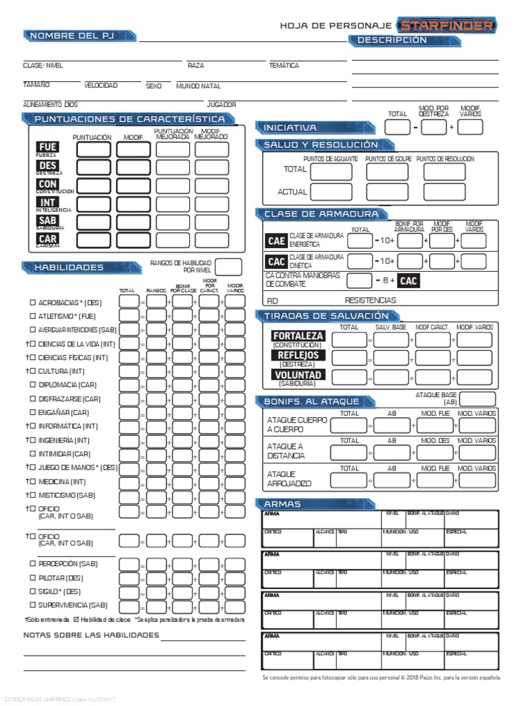 Starfinder Hoja de Personaje | PDF
