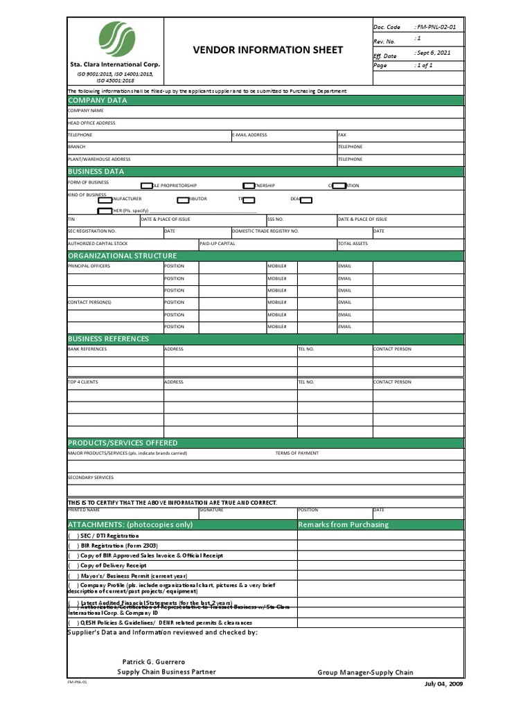 FM-PNL-02-01 REV01 - Vendor Information Sheet | PDF