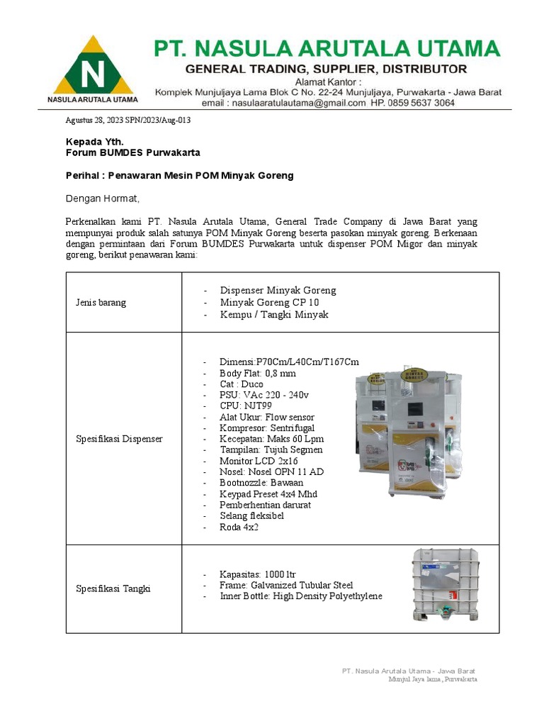 Surat Penawaran POM Migor, BUMDES Purwakarta. | PDF