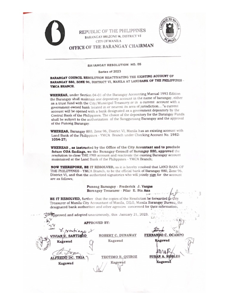 BRGY Resolution No. 05 Reactivating of Brgy 880 Landbank Bank Account | PDF