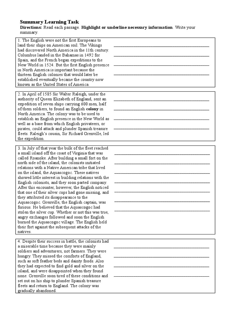 Summary Worksheet 3 | PDF | Roanoke Colony | Conflicts