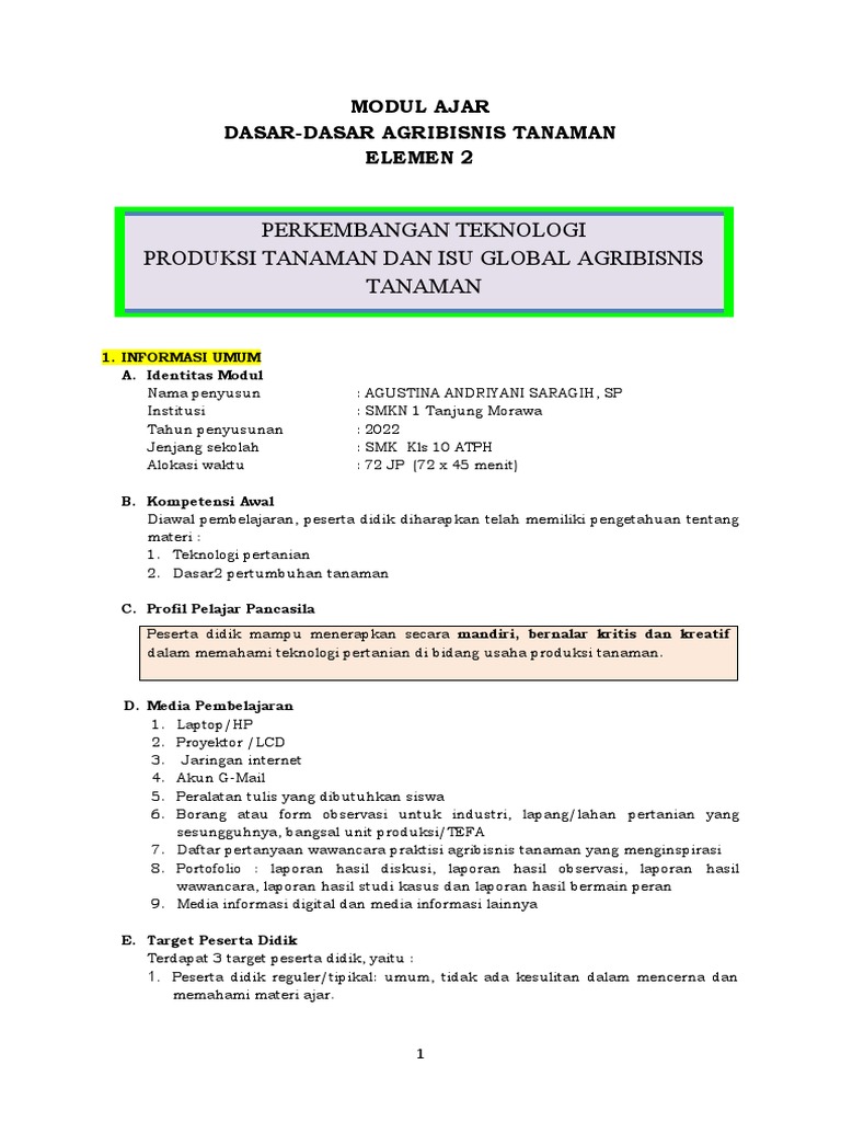 Modul Ajar-Dasar-Dasar Agribisnis Tanaman-Agustina AS-Elemen 2 | PDF