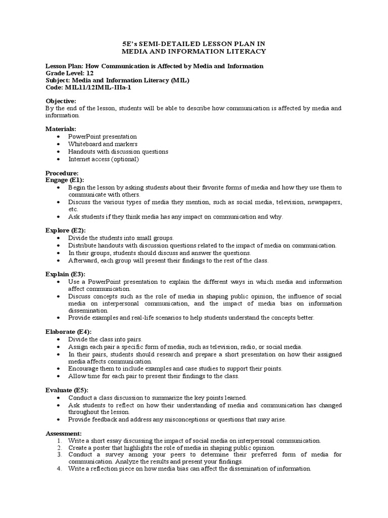 5E'S Semi-Detailed Lesson Plan in Media and Information Literacy ...