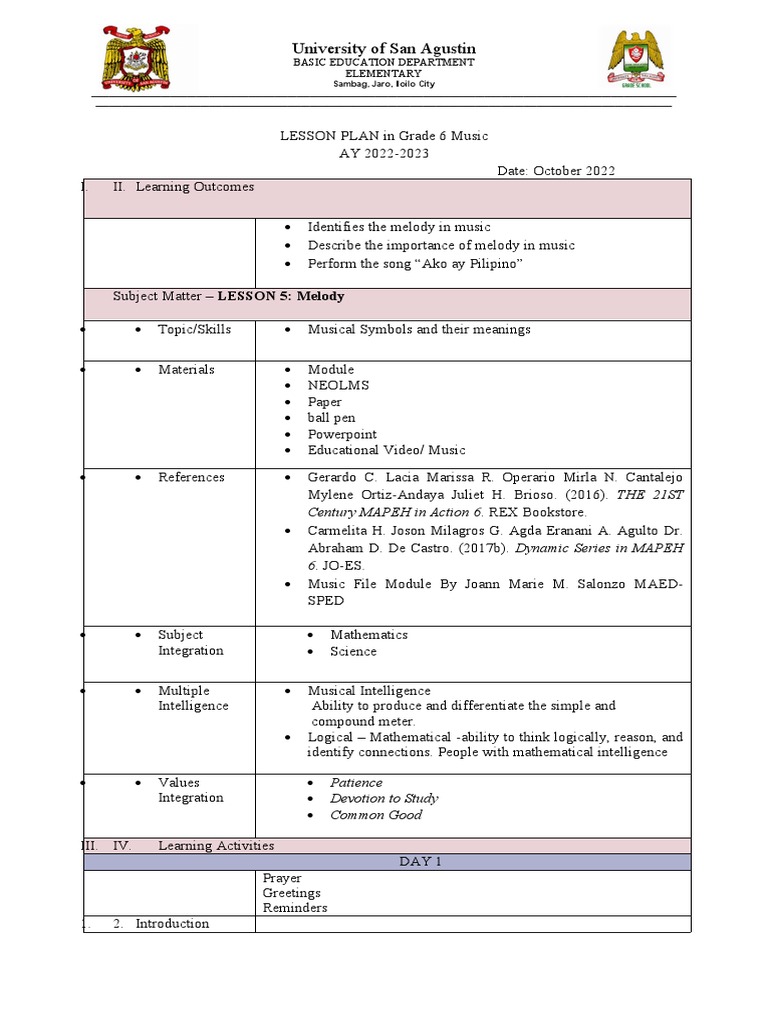 Music 6 - Lesson 5 (Learning Plan) Melody | PDF | Scale (Music) | Cognition