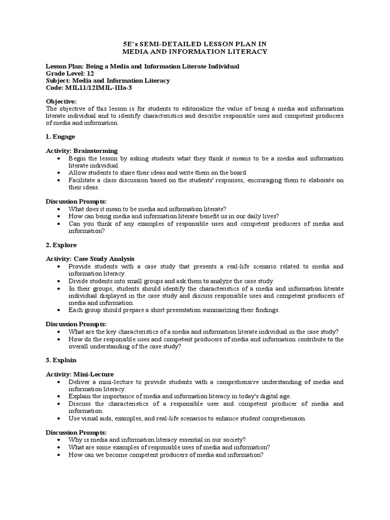 5E'S Semi-Detailed Lesson Plan in Media and Information Literacy | PDF