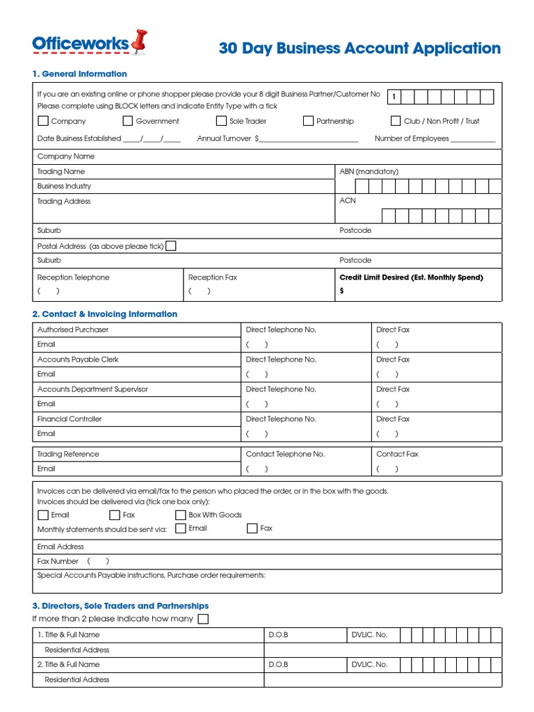 Officeworks 30 Day Business Account Application | PDF