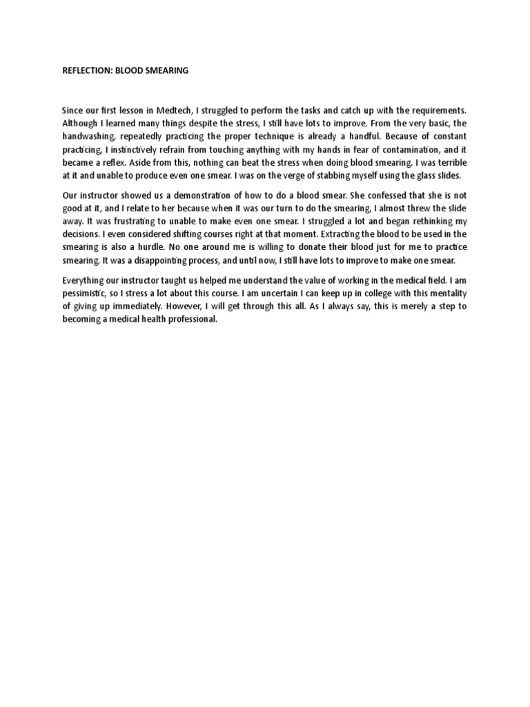 Reflection Paper Blood Smearing | PDF | Self-Improvement | Lifestyle