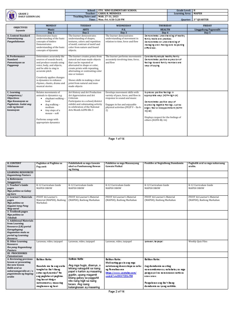 Grade 2 MAPEH Daily Lesson Plan | PDF | Learning | Curriculum