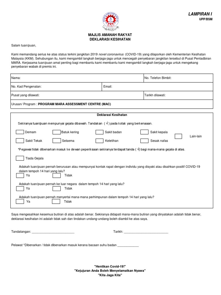 Lampiran I - Borang Deklarasi Kesihatan | PDF