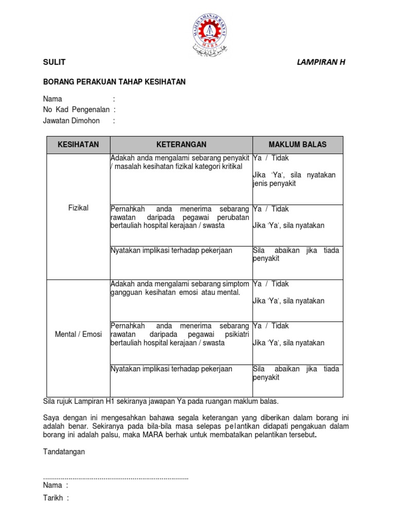 Lampiran H - Borang Perakuan Tahap Kesihatan | PDF