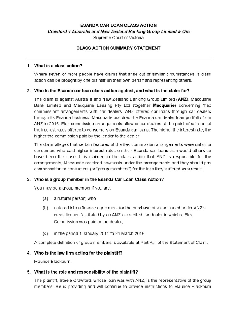 ANZ and Macquarie Class Action Summary Statement | PDF