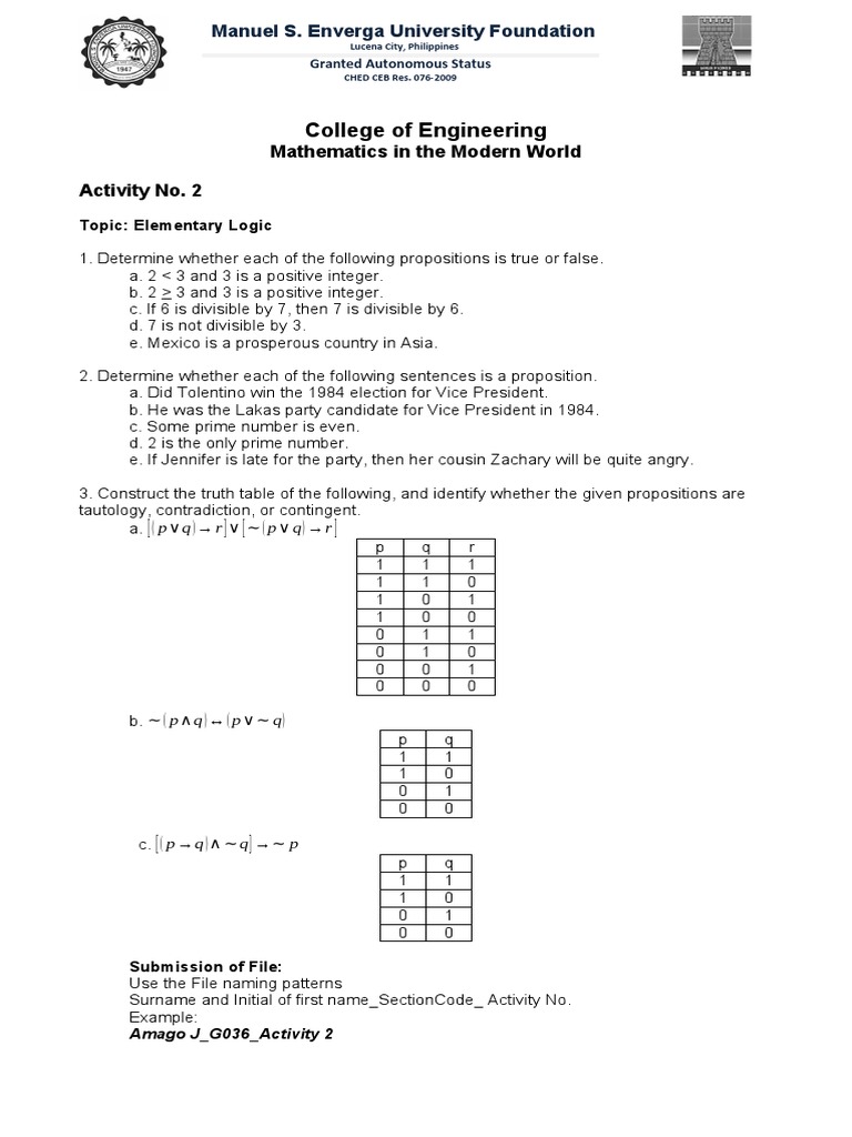 Activity 2 MAMW100 Elementary Logic | PDF | Logic | Epistemology