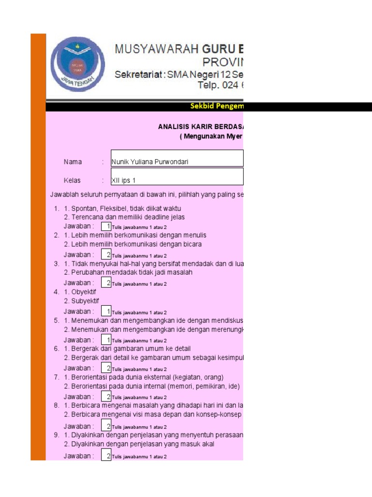Mbti - Nunik Yuliana P - Xii Ips 1 | PDF