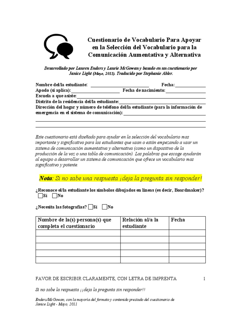 Enders Spanish Vocabulary Questionnaire 10-2018 | PDF