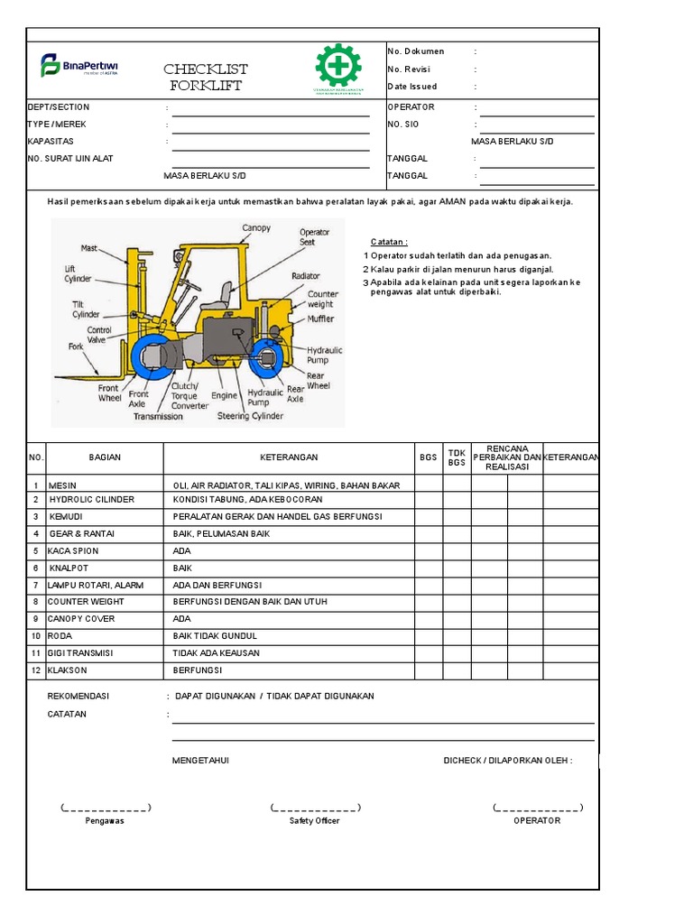 FORM CHECKLIST INSPEKSI FORKLIFT | PDF