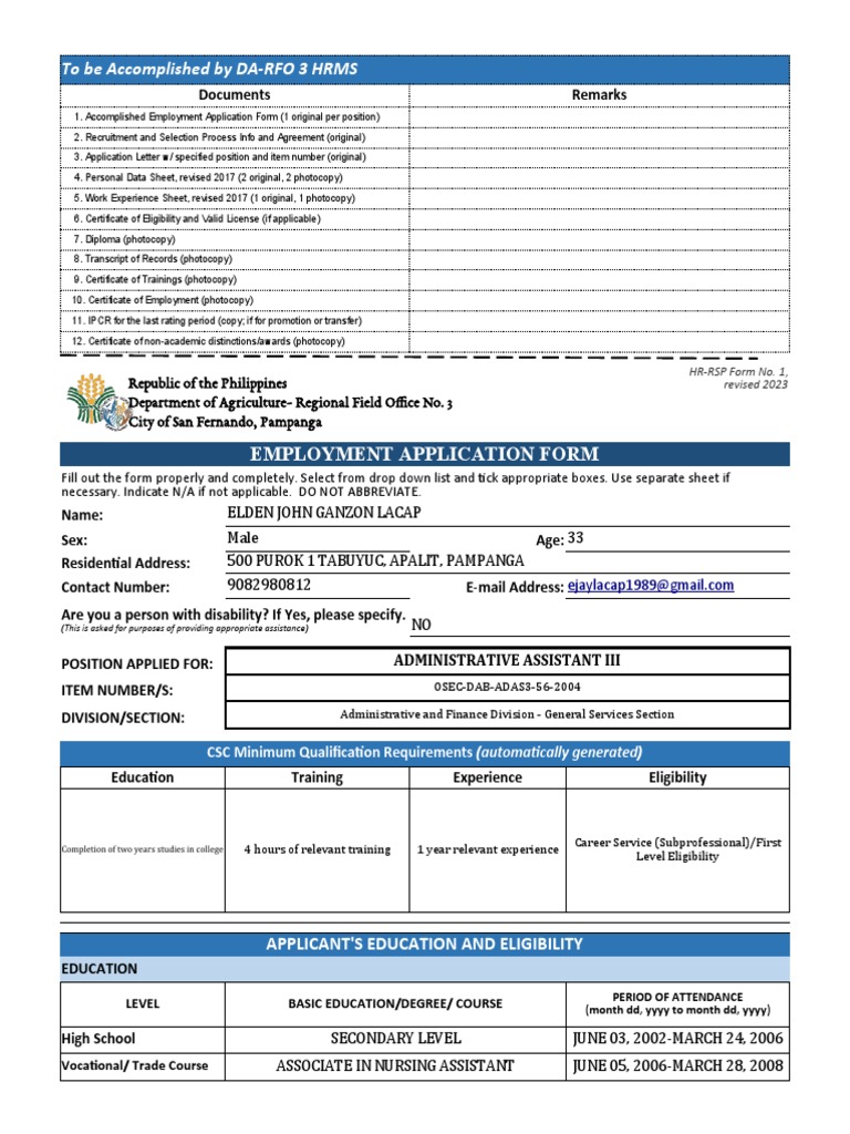 Employment Application Form - 20 (1 Original For Every Position ...