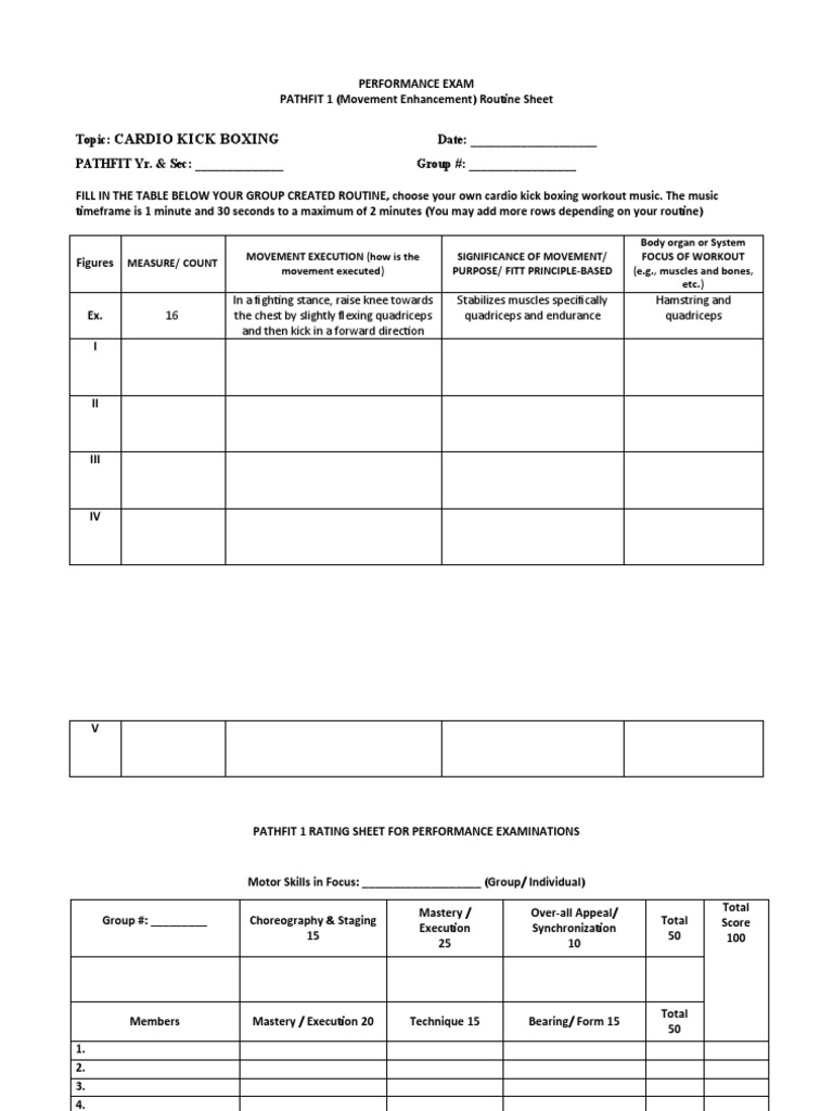 PF1 Cardiokickboxing Routine Sheet and Assesment Sheet | PDF