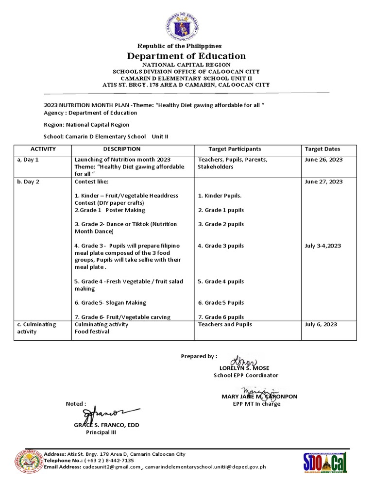 2023 Nutrition Month Plan for Schools | PDF | Health Promotion | Food ...