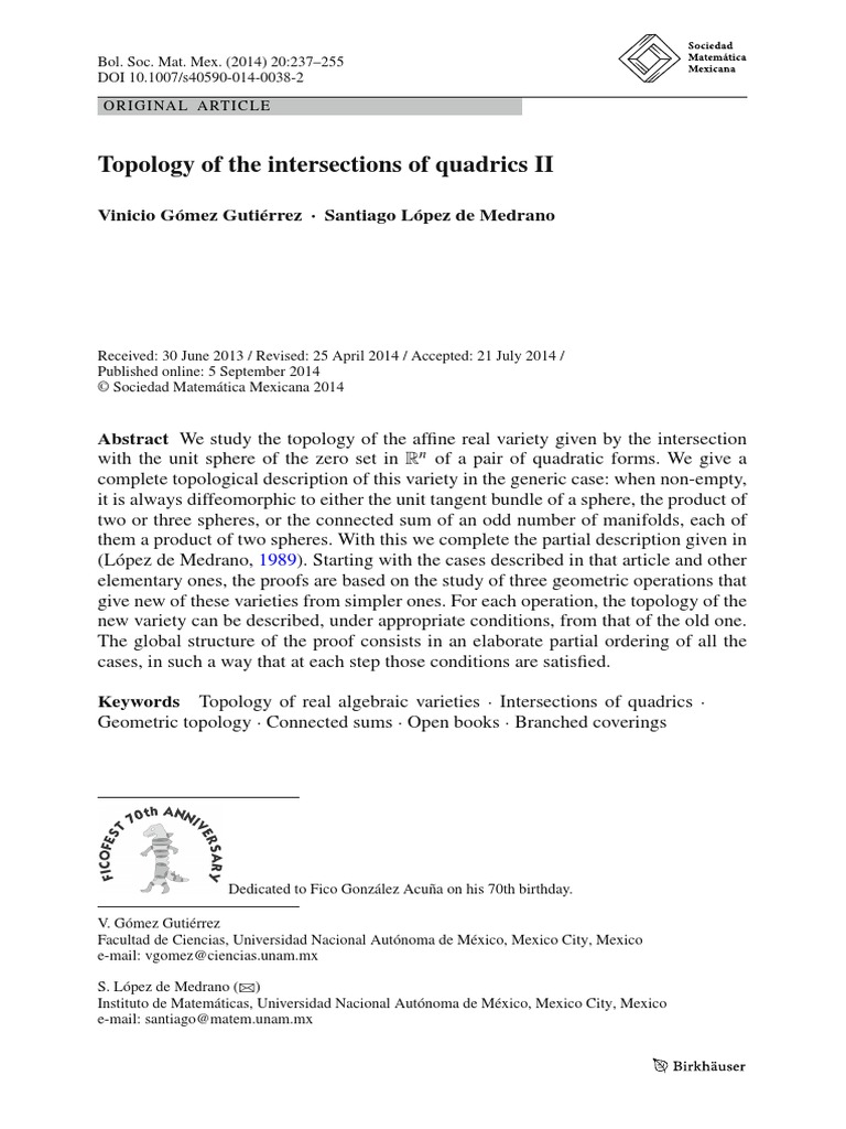 Topology of The Intersections of Quadrics II | PDF | Eigenvalues And Eigenvectors | Manifold