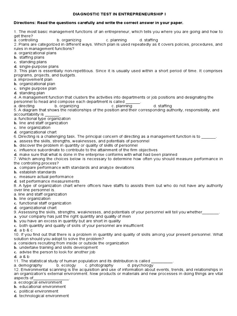 Diagnostic Test Entrep - Compress | PDF