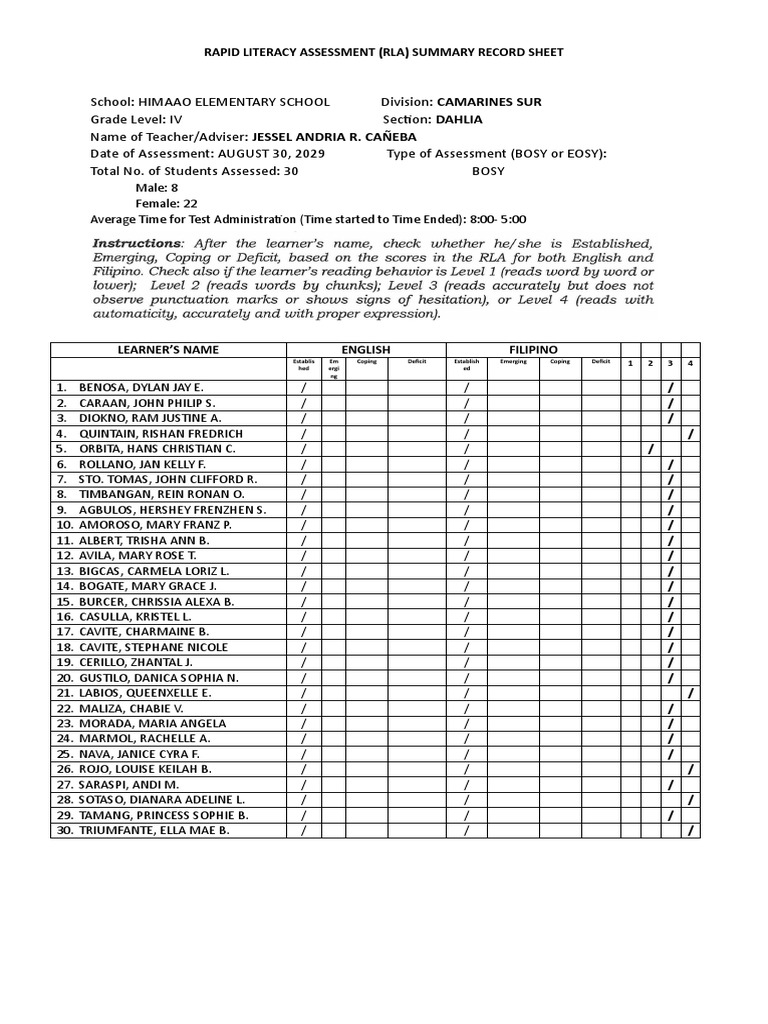 Rapid Literacy Assessment (Rla) Summary Record Sheet | PDF