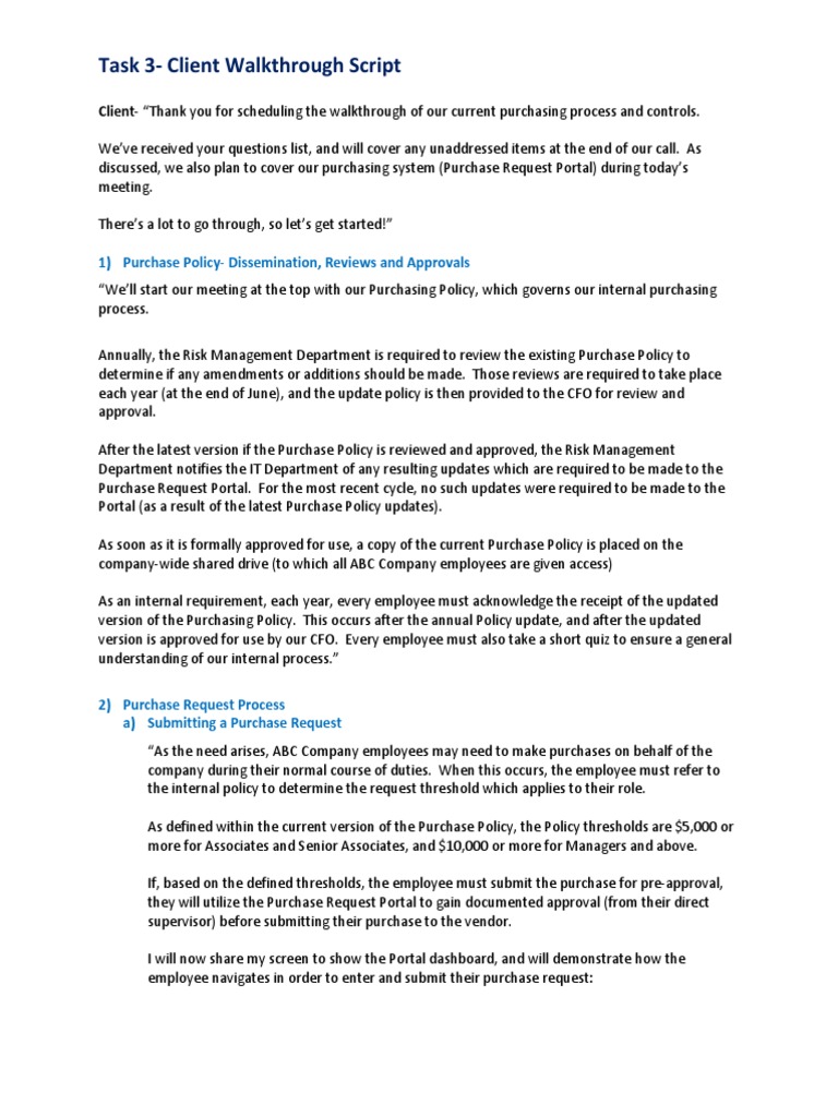 Task 3 - Client Walkthrough Script | PDF | Audit | Screenshot