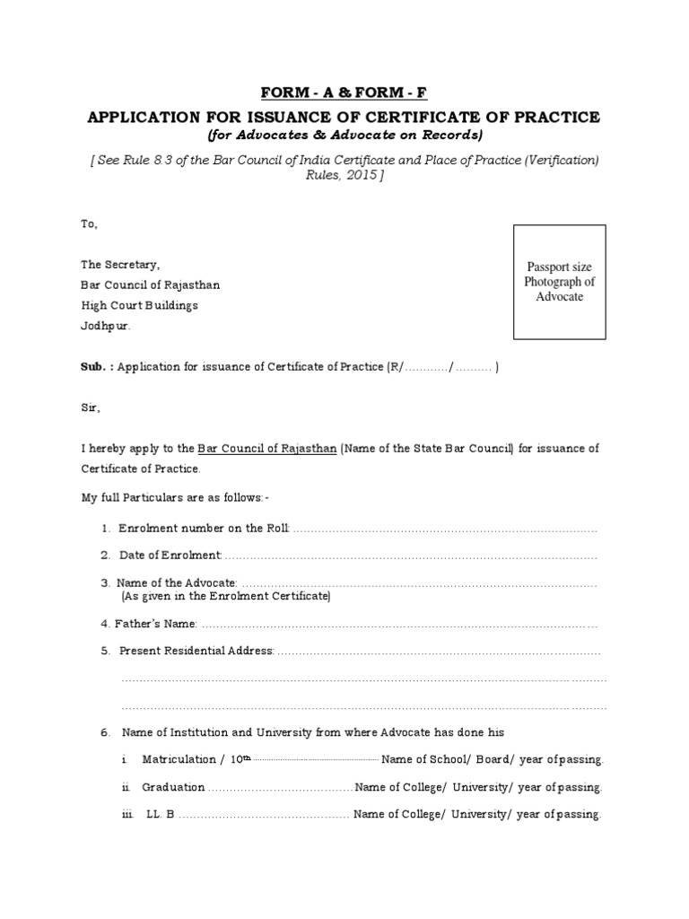 Application For Issuance of Certificate of Practice: (For Advocates ...