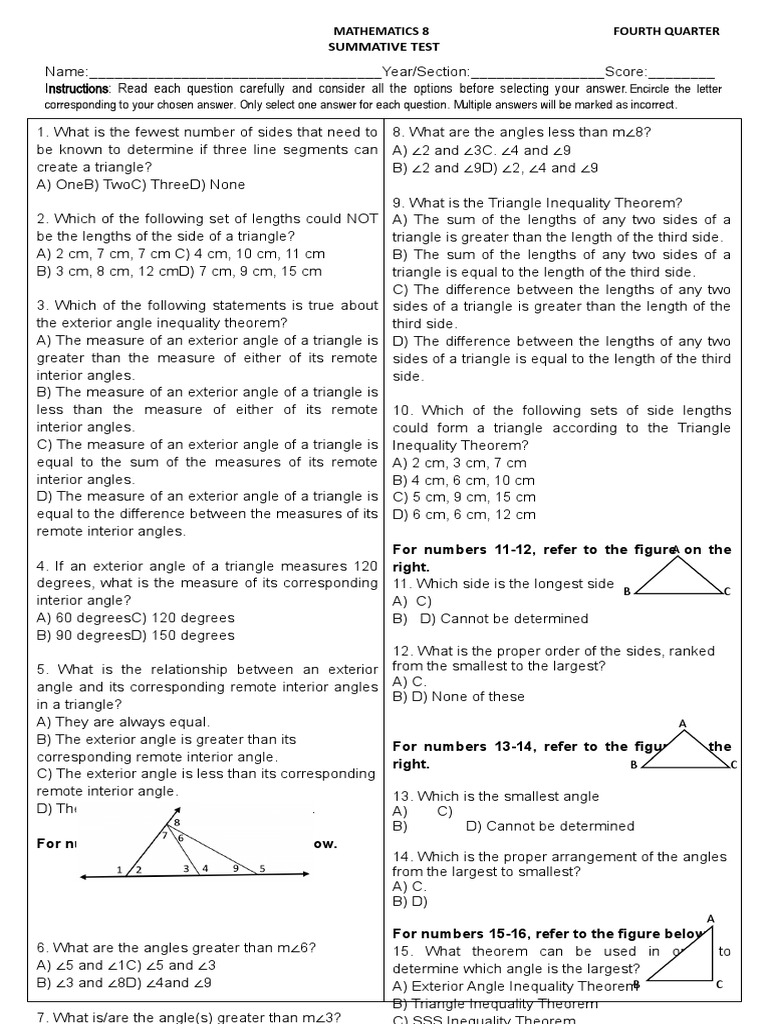 G-8 MATH Sumative Exam (4TH QUARTER) | PDF | Triangle | Angle