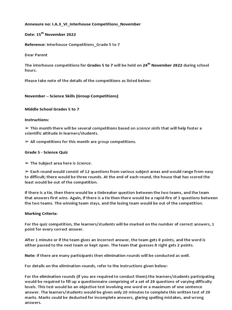 Annexure I. A. 3 - VI - Interhouse Competitions - November | PDF