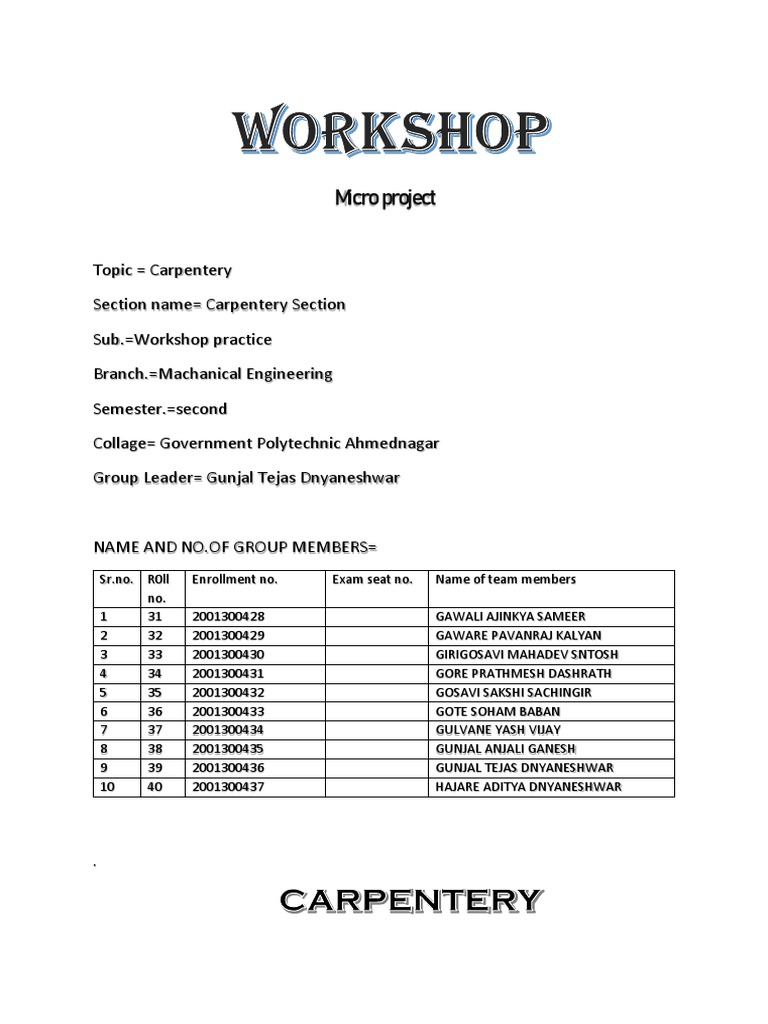 31-40 Workshop Micro Project | PDF | Carpentry | Woodworking