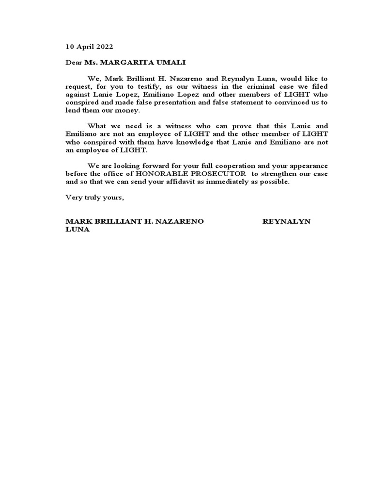 Request Letter to Testify Margarita | PDF