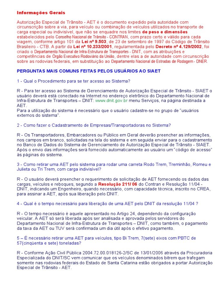 AET DNIT Info Gerais | Download grátis PDF | Tráfego | Rodovia de acesso controlado