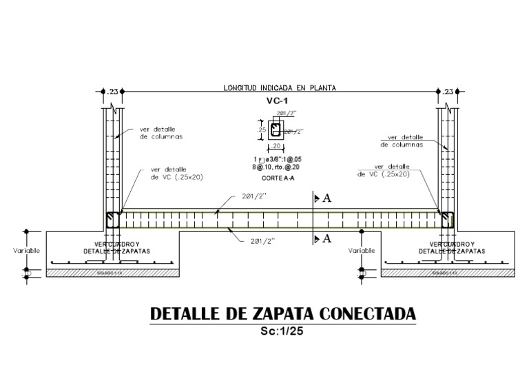 Detalle de Zapata Conectada: Corte A-A | PDF