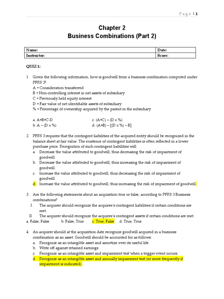 Quiz - Chapter 2 - Business Combinations (Part 2) | PDF | Goodwill (Accounting) | Equity (Finance)