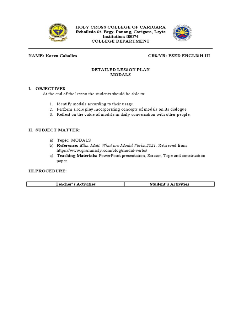 Detailed Lesson Plan MODALS | PDF | Verb | Linguistic Typology