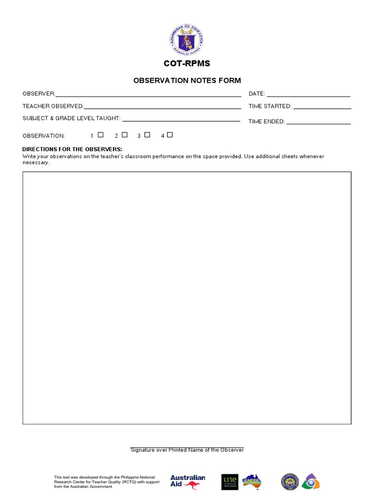 (Appendix C-13) COT-RPMS Observation Notes Form | PDF