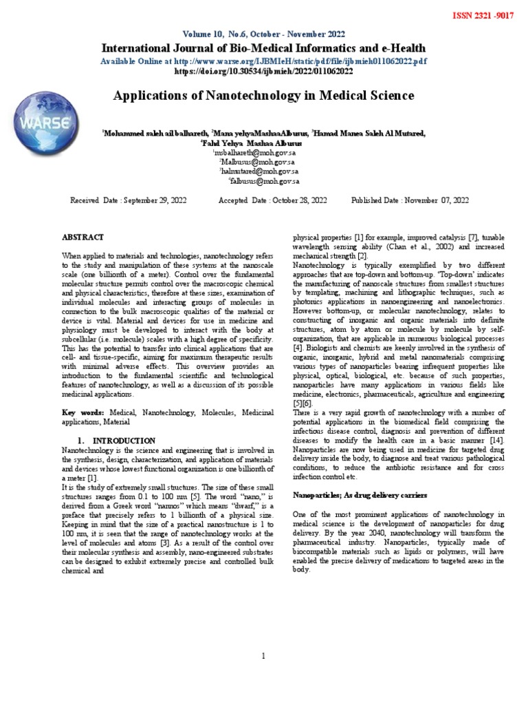 Application of Nanotechnology in Medical Science | PDF