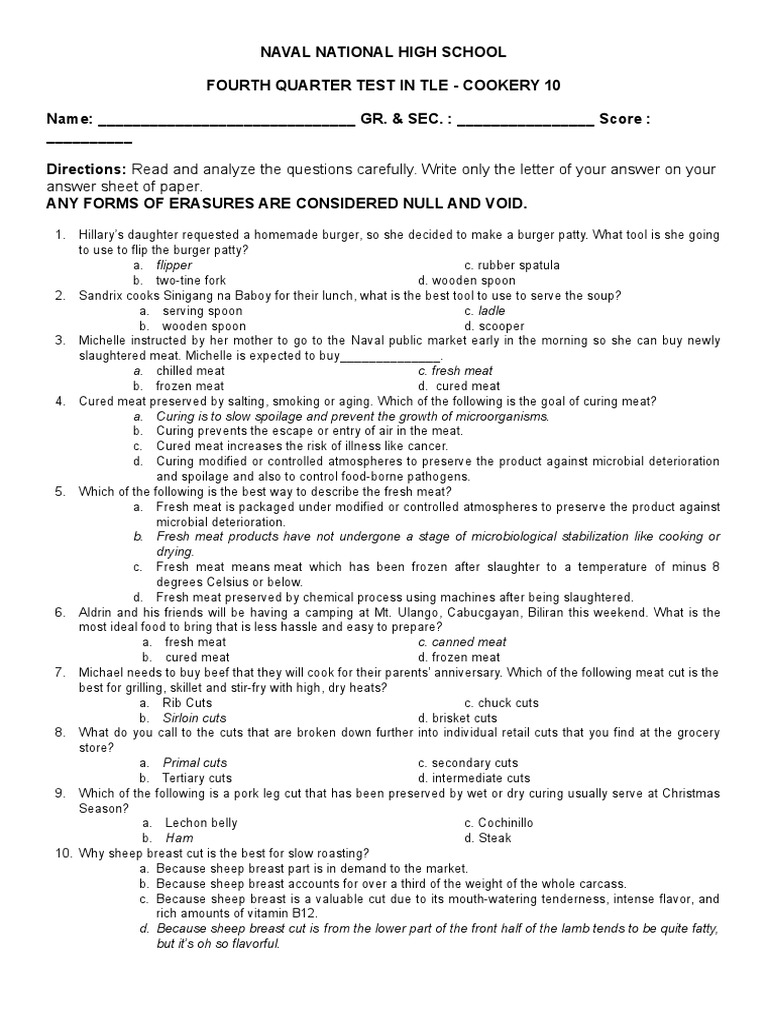 High School Cookery Exam | PDF | Cooking | Grilling