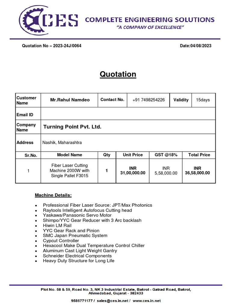 0064 - Quotation For Turning Point 2000W Single Pallet F3015 | PDF