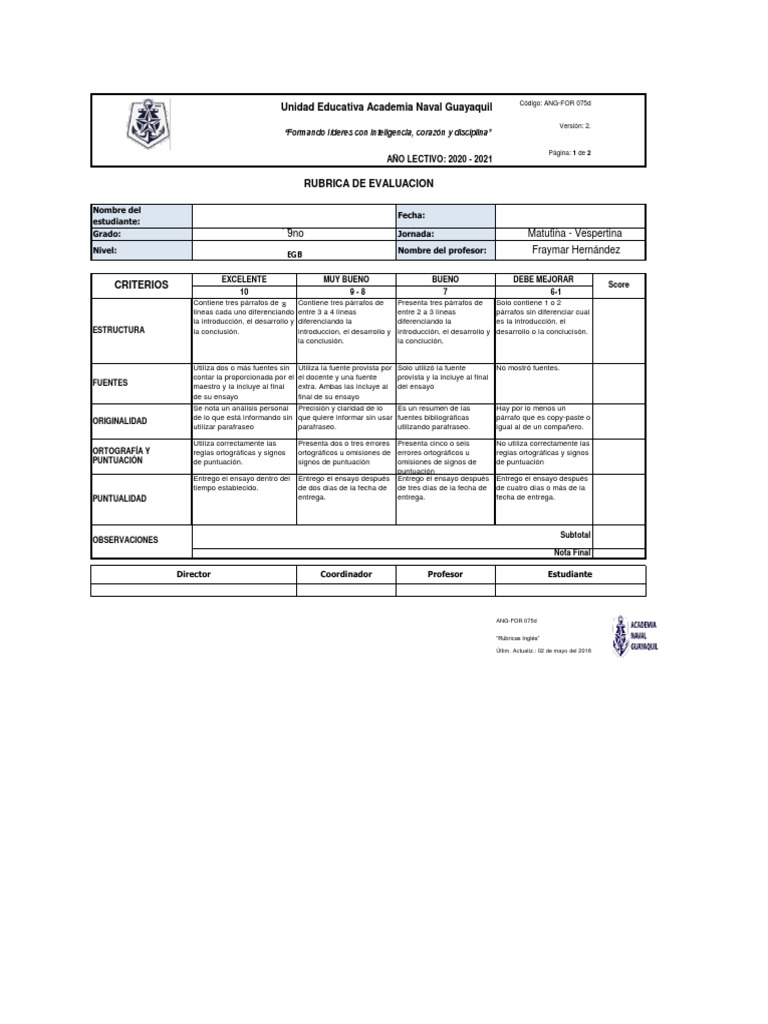 Rúbrica para Ensayo Expositivo - 9no | PDF | Ensayos | Comunicación humana