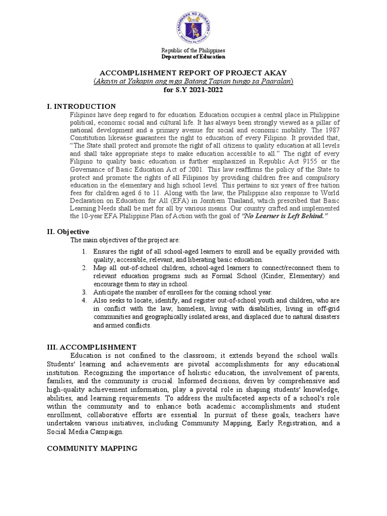Project Accomplishment Report of Project Akay | PDF