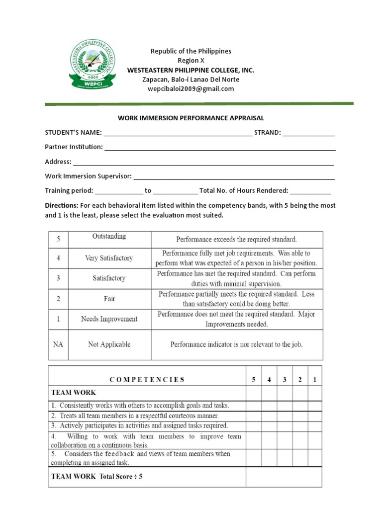 Work Immersion Appraisal (Rating) | PDF